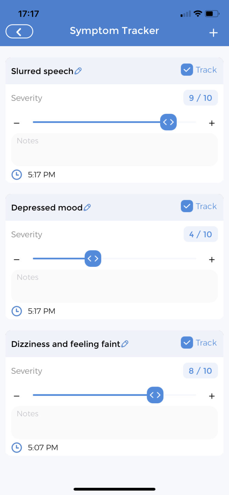 Stroke Symptom Activity Log, Medication and Nutrition Tracking