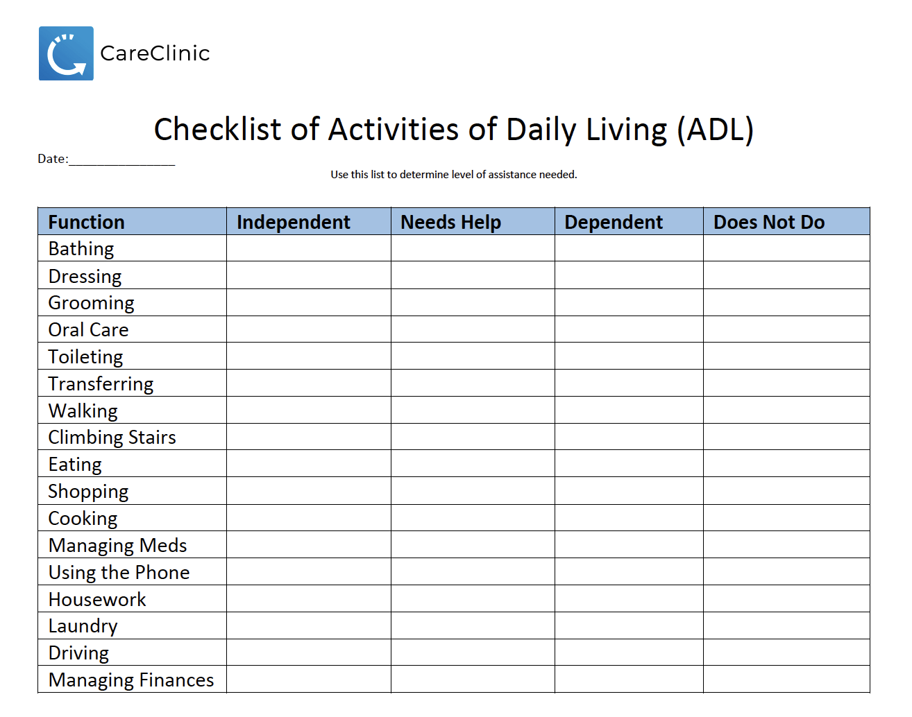 Activities of Daily Living Worksheet: Printable ADL Log