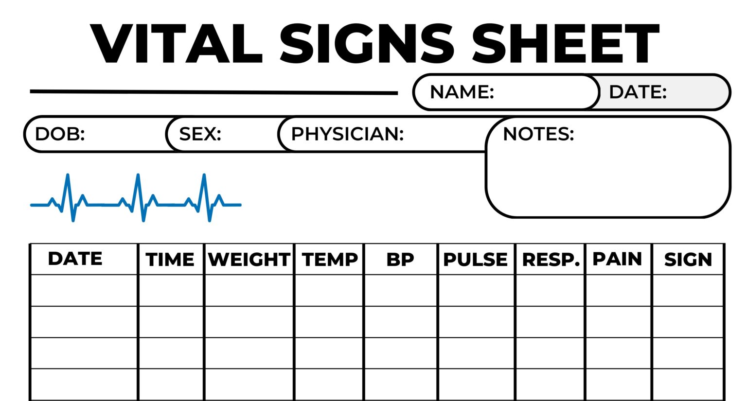 Vital Signs Sheet PDF for Medical Records
